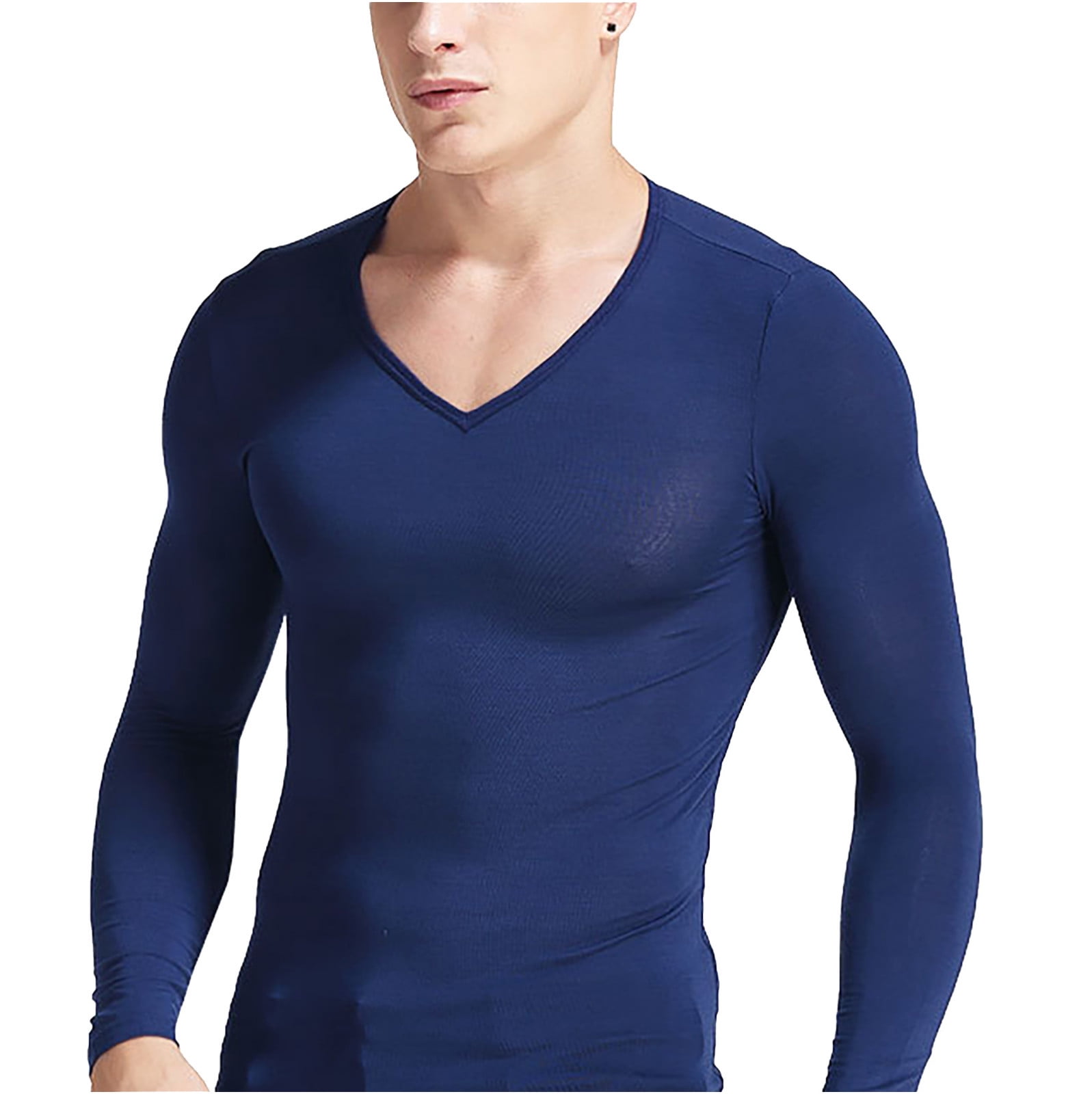 Mens V Neck Shirts Long Sleeve Undershirt Base Layer Top Blue Size L ...