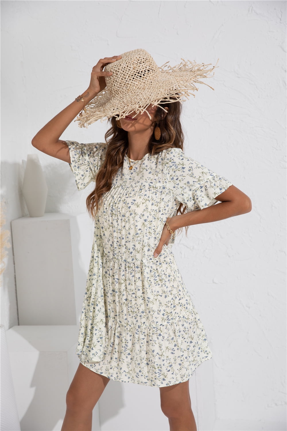 Uniexcosm Women Dress Short Sleeve Floral Casual A-Line Summer Short ...