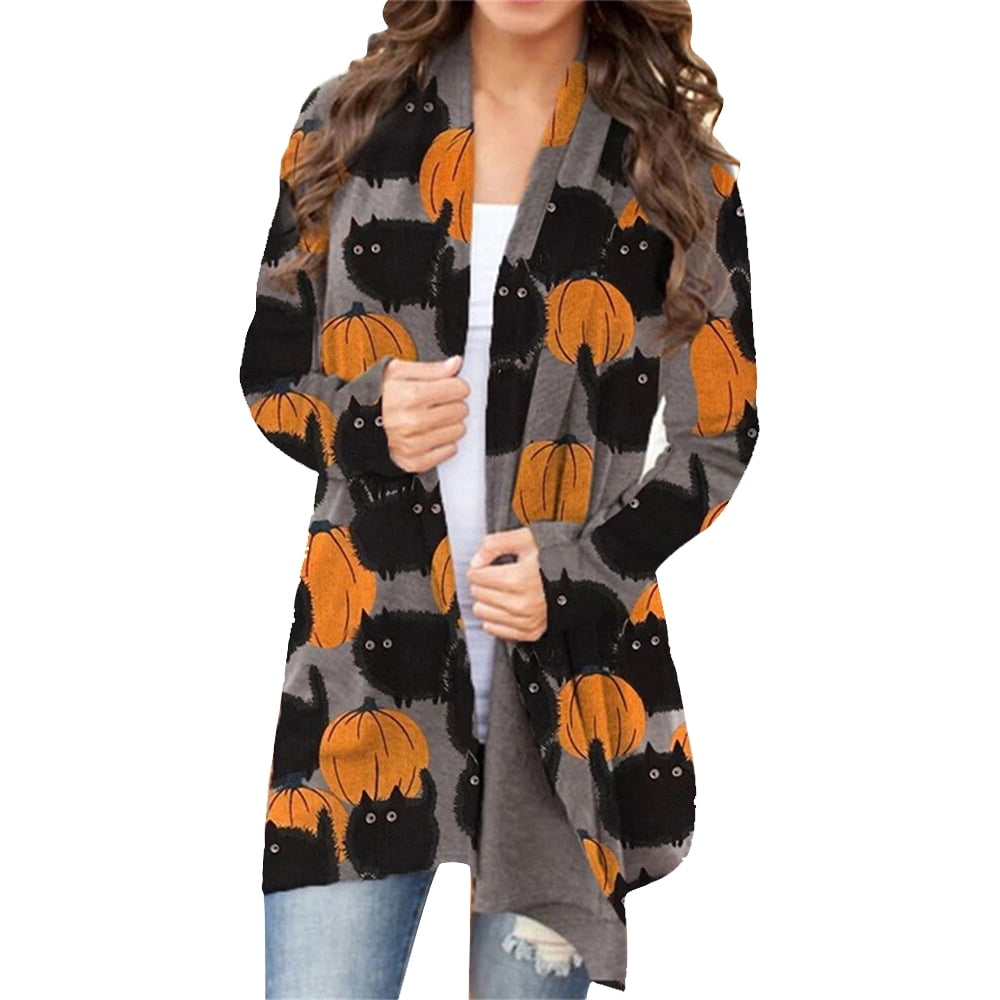 Zeiger Women's Pumpkin Cat Cardigan Halloween Long Sleeve Open Front ...