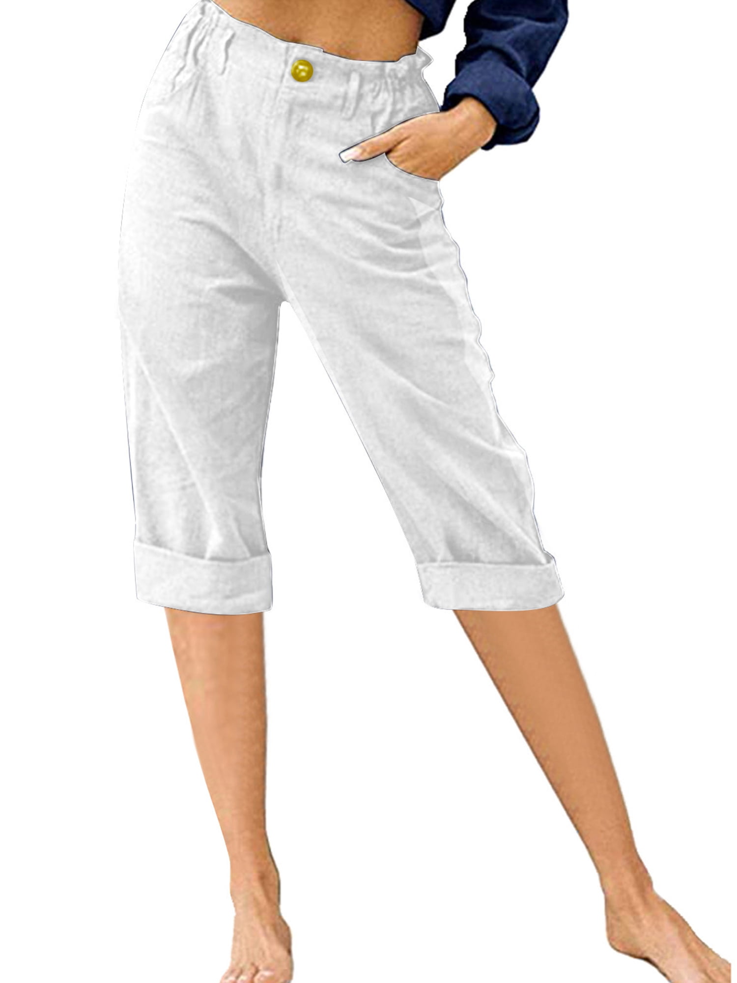 Capreze Women Cropped Pant High Waist Capri Pants Button Capris Loose ...