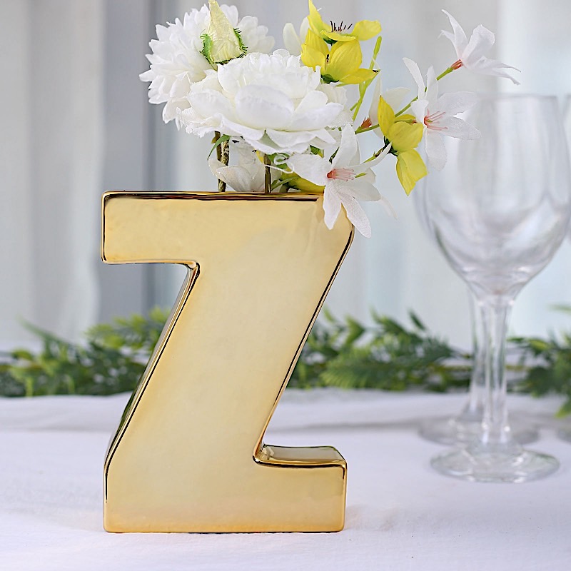 BalsaCircle 6" Gold Z Metallic Letters Symbols Ceramic Flower Vase ...