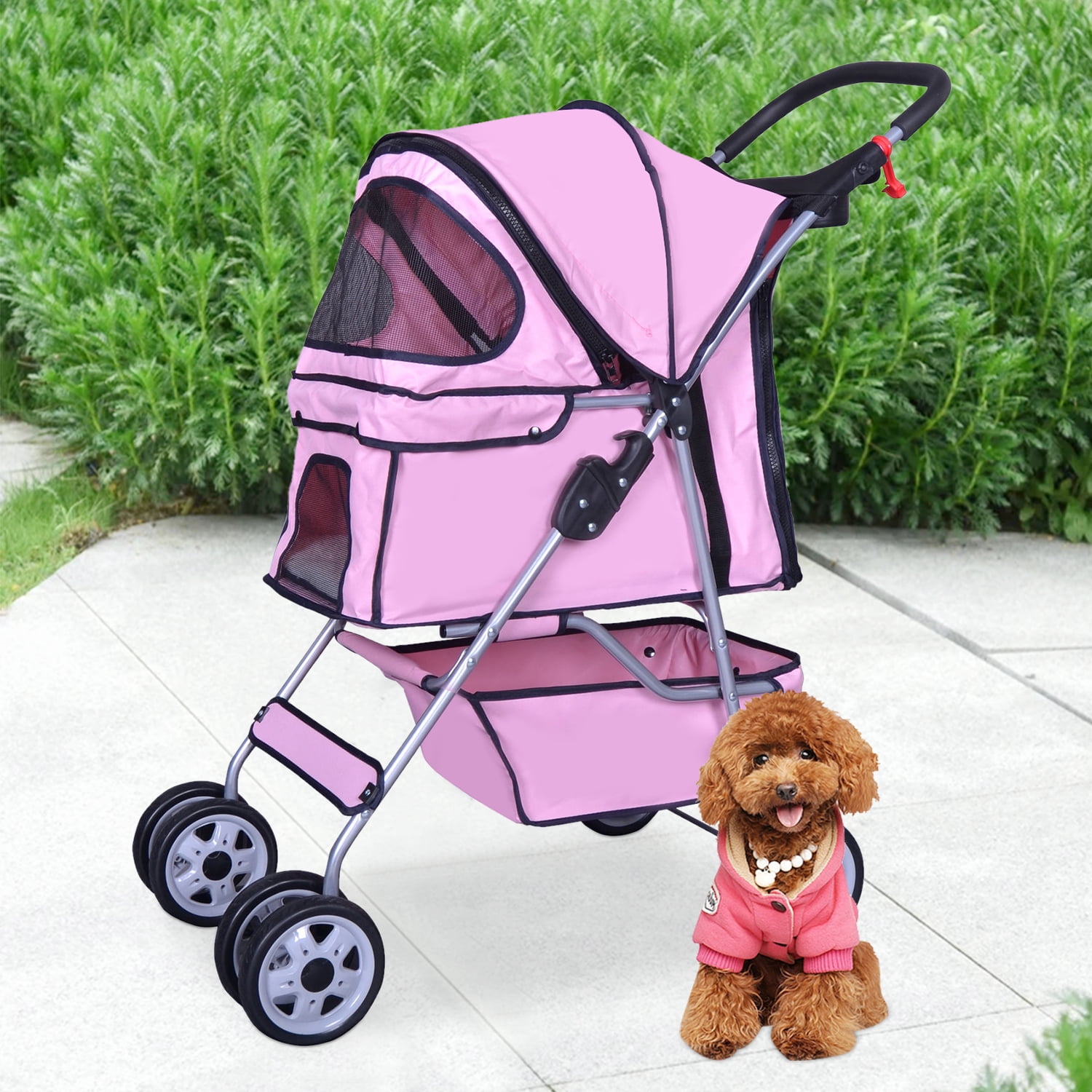Foldable Dog Stroller, 4 Wheel Pet Stroller with Storage Basket, Handle ...