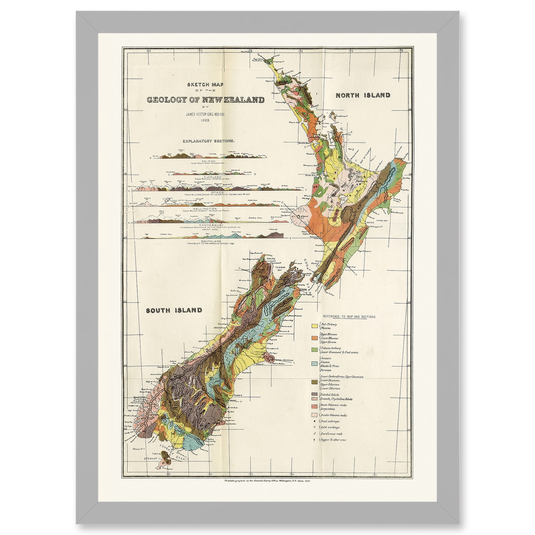 Vintage Map 1883 Hector Sketch New Zealand Geology Aotearoa Artwork ...