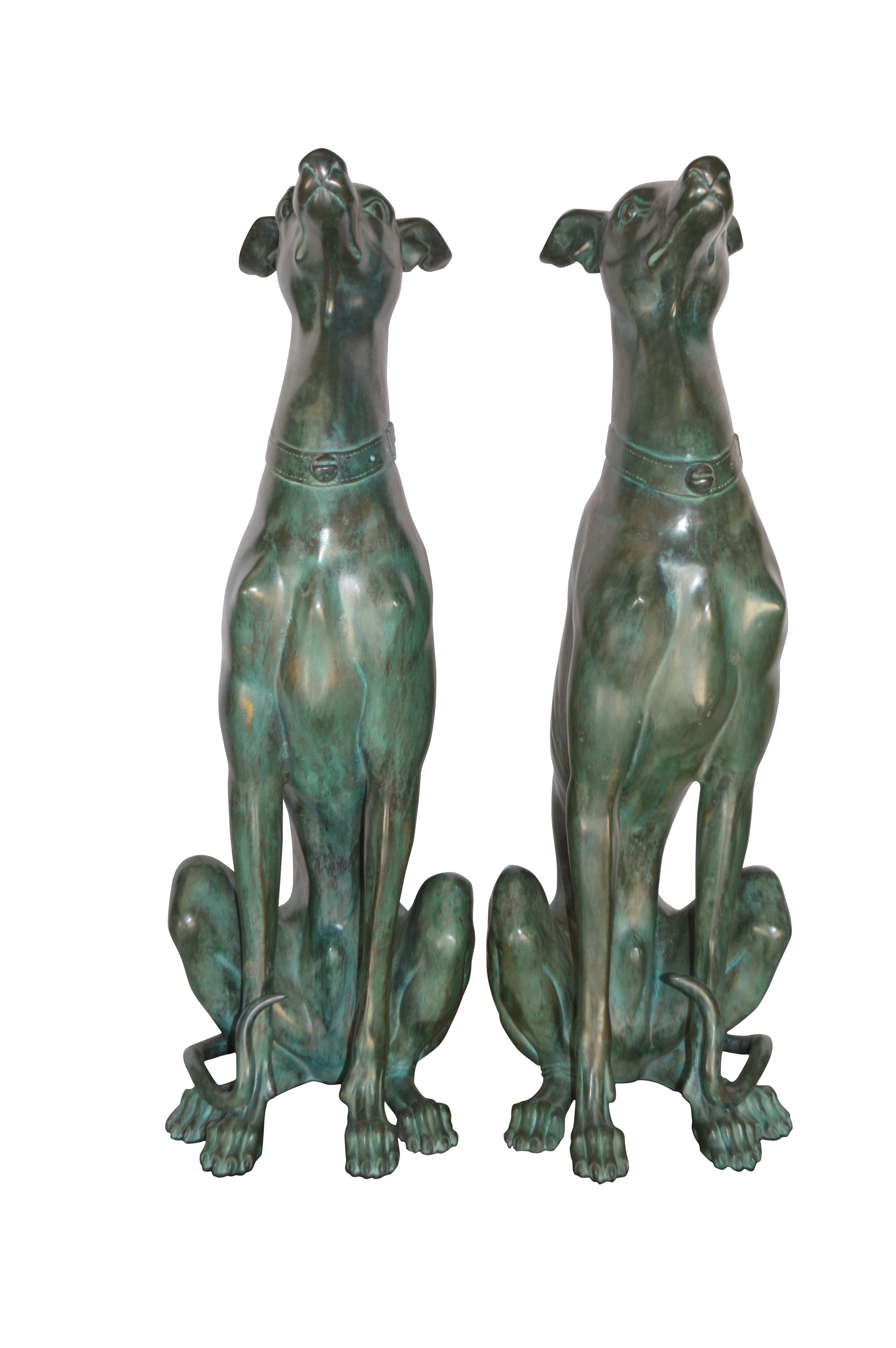 Pair of Greyhound dogs sitting Bronze Statue - Size: 12"L x 12"W x 35"H ...