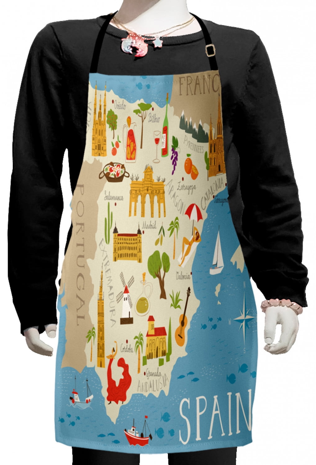 Travel Kids Apron, High Detailed Spain Mapping Calligraphy and Famous ...