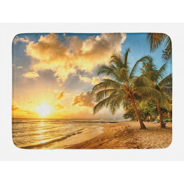Beach Bath Mat, Tropic Sandy Beach with Horizon at the Sunset and ...