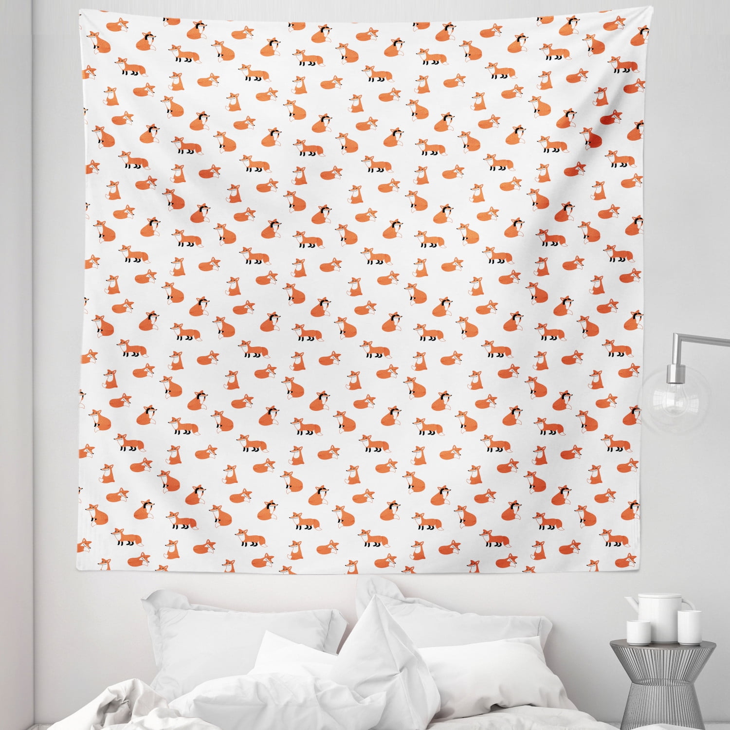 Fox Tapestry, Hand Drawn Funny Fox Playing Peekaboo Sleeping and ...