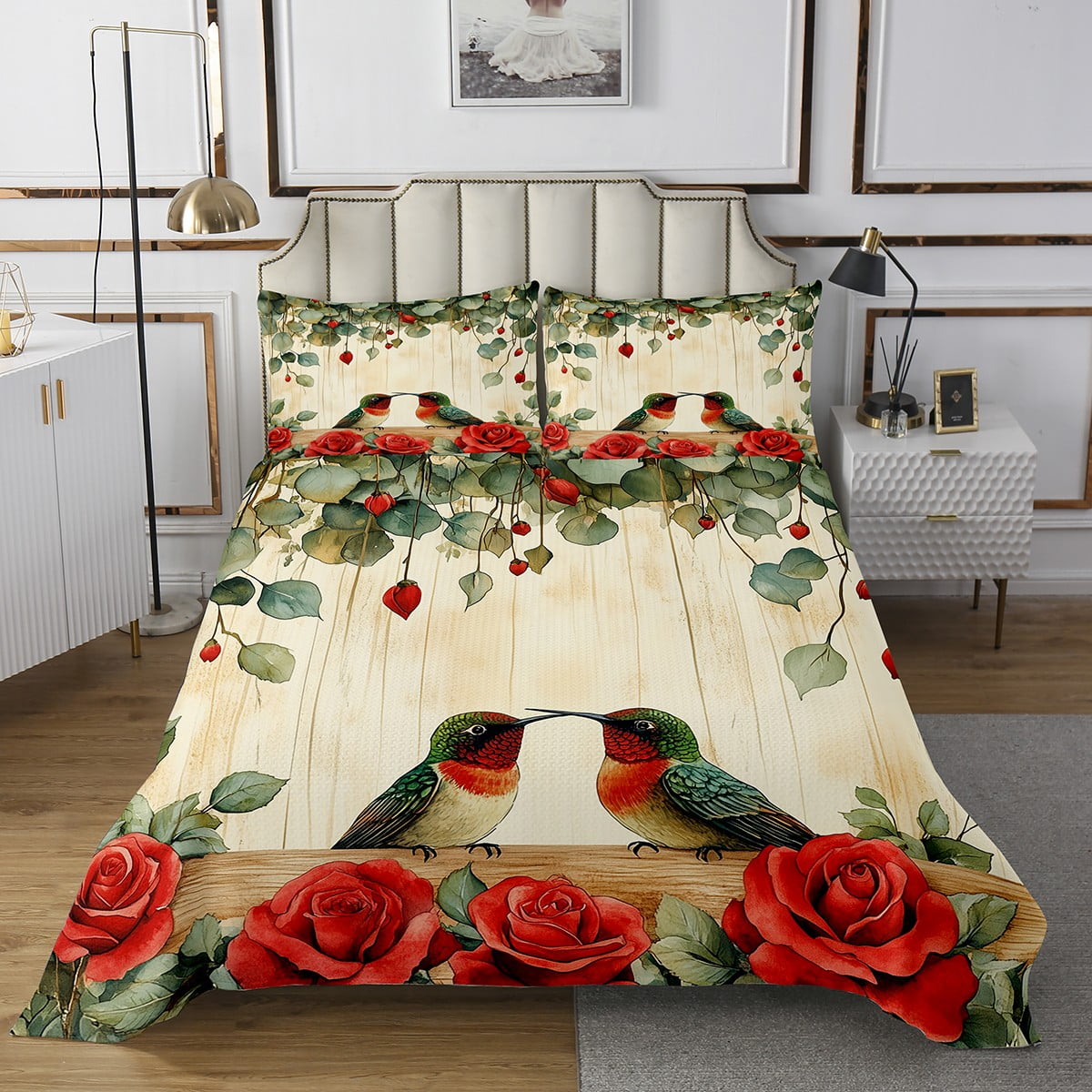 Click here for Yst Cute Hummingbird Queen Quilt Set red Rose Flor... prices