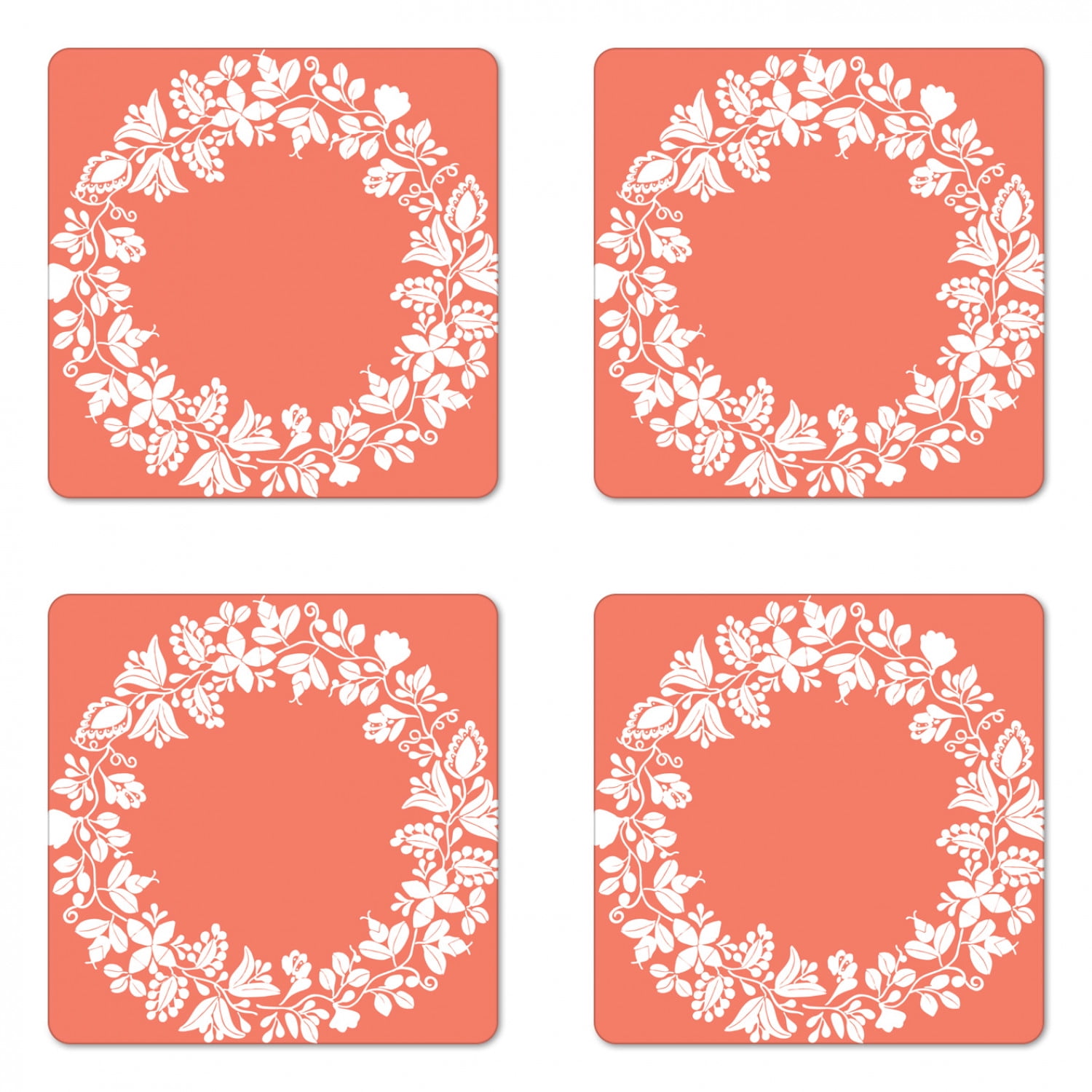 Spring Coaster Set of 4, Monochrome Design of Wreath with Floral ...