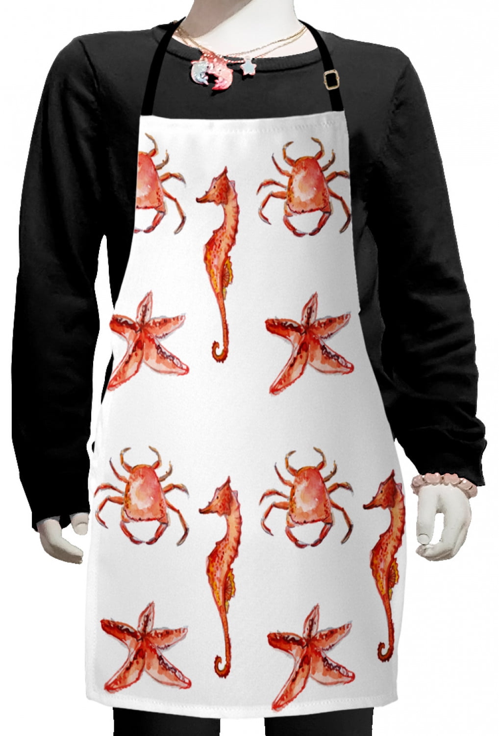 Nautical Kids Apron, Crab Seahorse Starfish Hand Drawn Underwater Sea ...
