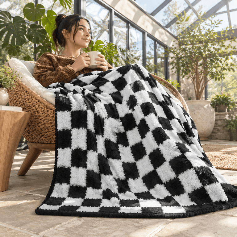 Faux Checkered Blanket Size With Soft Knittedfiber Fabric Cozy Warm For ...