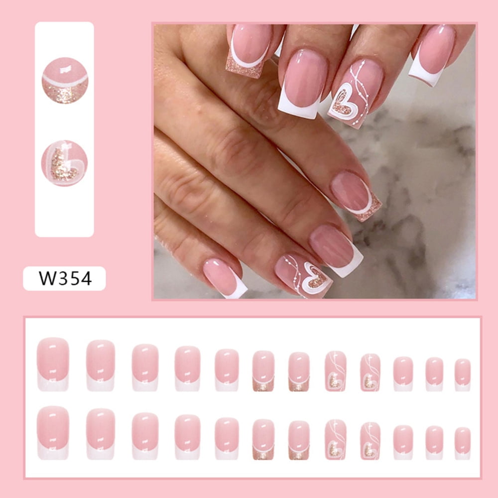 French Style Pink False Nails with White Edge Full Cover Square ...