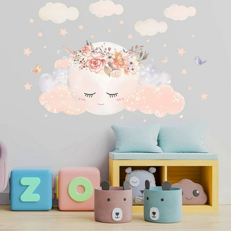Lepai Smiling Moon Cloud Wall Decals Stickers, Removable Flying Birds ...