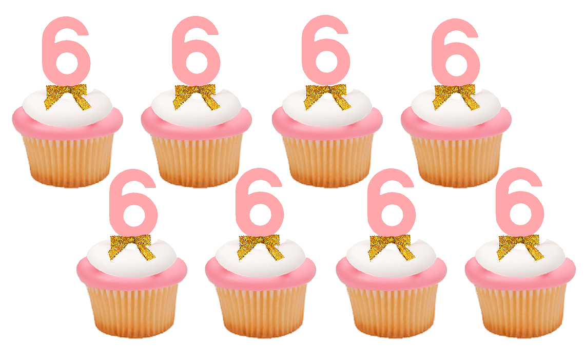 6th Birthday / Anniversary Pink Number Cupcake Topper Picks with Bow ...