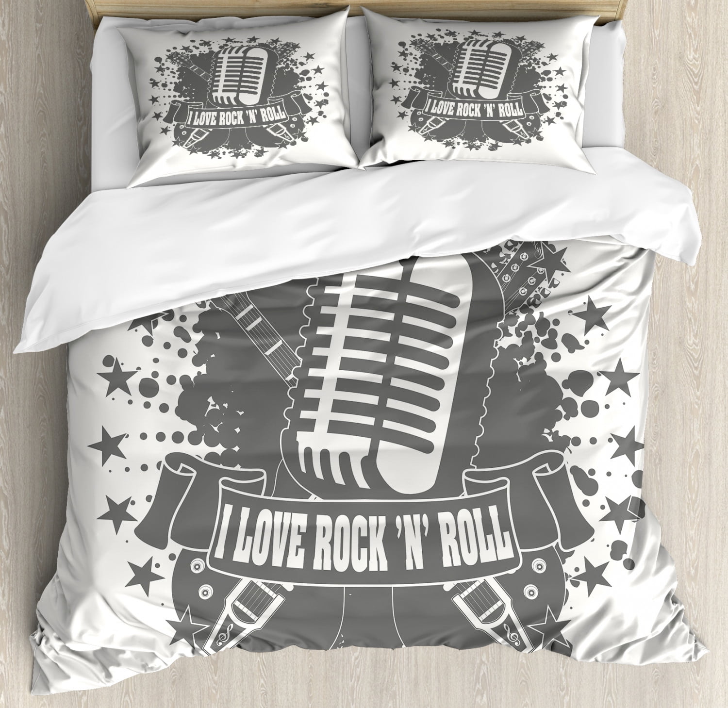 Rock Music Duvet Cover Set Queen Size, Monochrome Microphone Retro ...