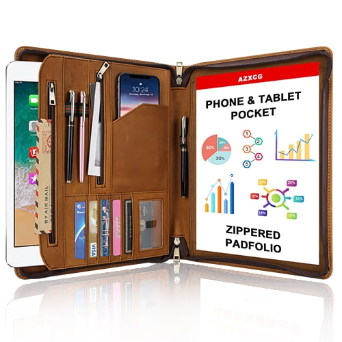 AZXCG Leather Portfolio, Genuine Leather Zippered Padfolio, Executive ...