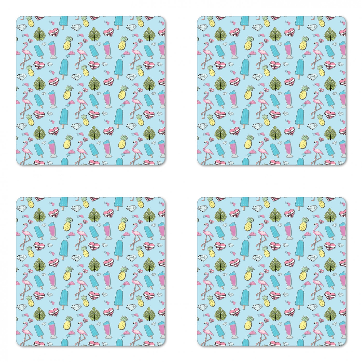Summer Coaster Set of 4, Repeating Fun Items of Popsicle Flamingo ...