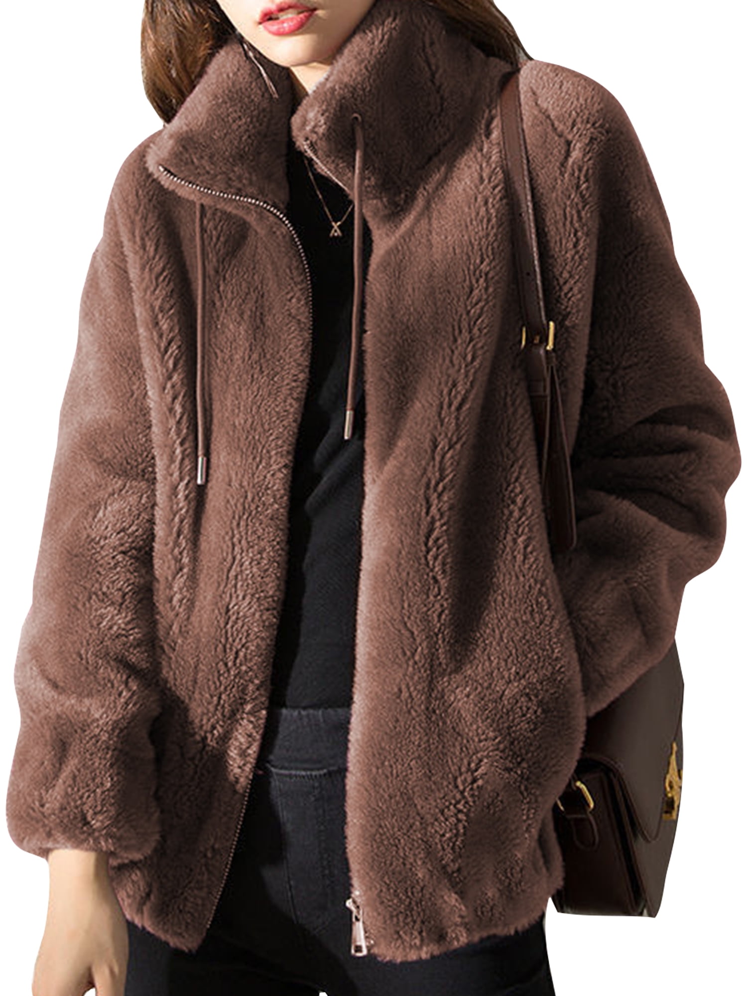 Capreze Womens Sherpa Fleece Jacket Winter Warm Fuzzy Long Sleeve ...