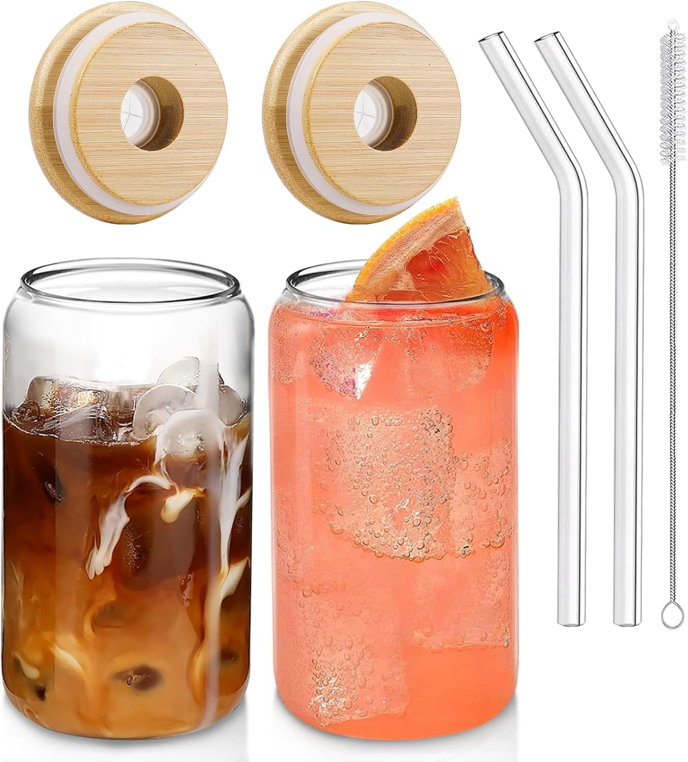 2pcs 16 oz Glass Cups with Bamboo Lids and Straws, Clear Can Shaped ...