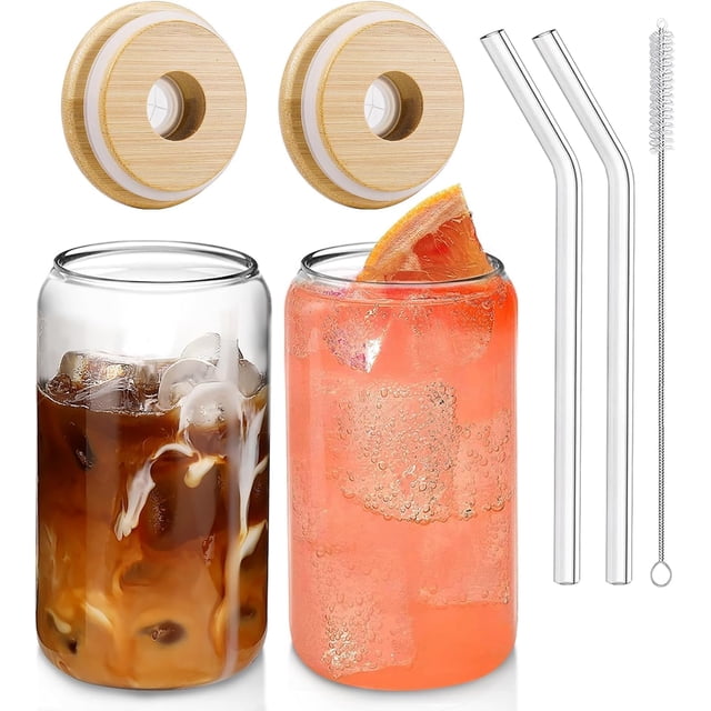 2pcs 16 oz Glass Cups with Bamboo Lids and Straws, Clear Can Shaped ...