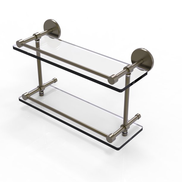 16-in Tempered Double Glass Shelf with Gallery Rail in Antique Brass ...