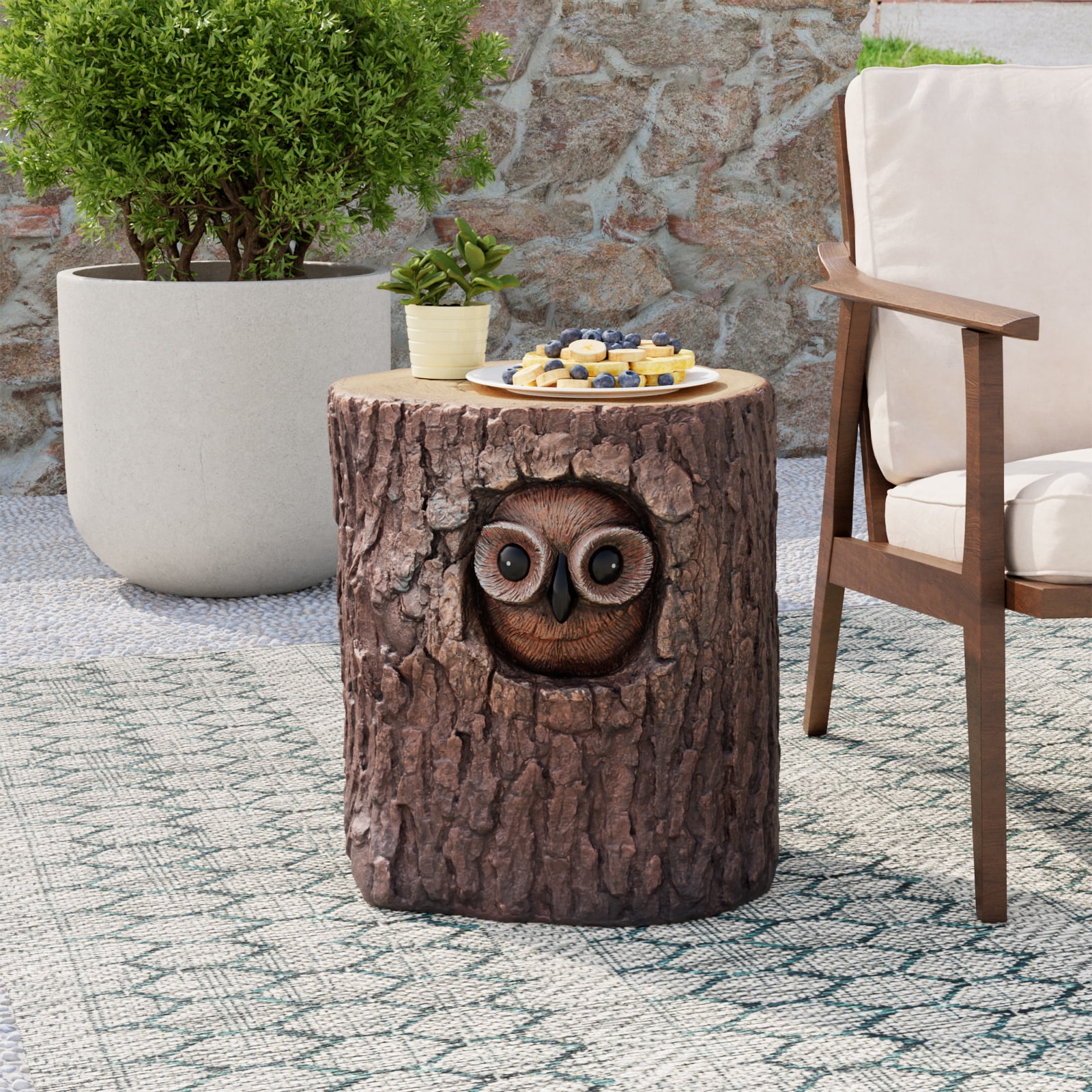 COSIEST Outdoor Side Table Faux Wood, Hand-Painted Wood Stump Stool w ...