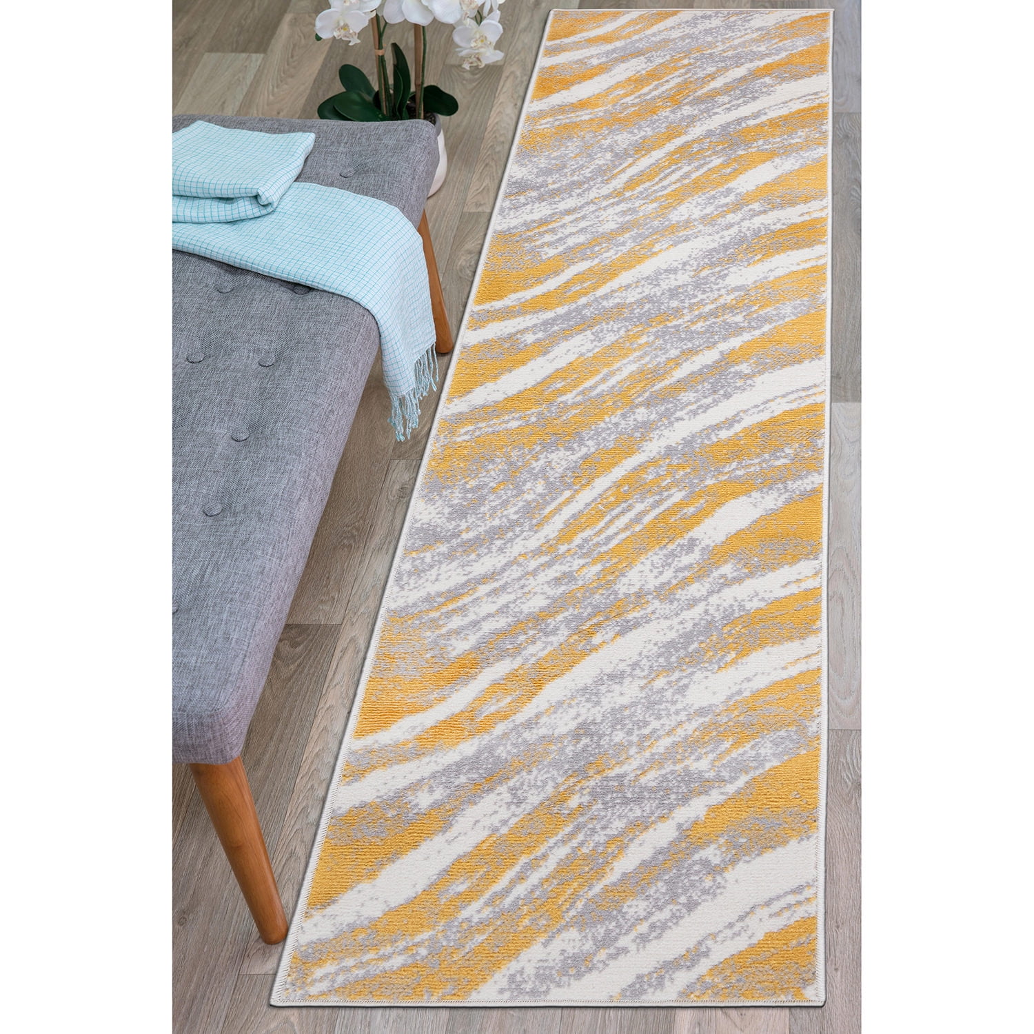 Modern Abstract Swirl 2'x7' Yellow Runner Rug - Walmart.com