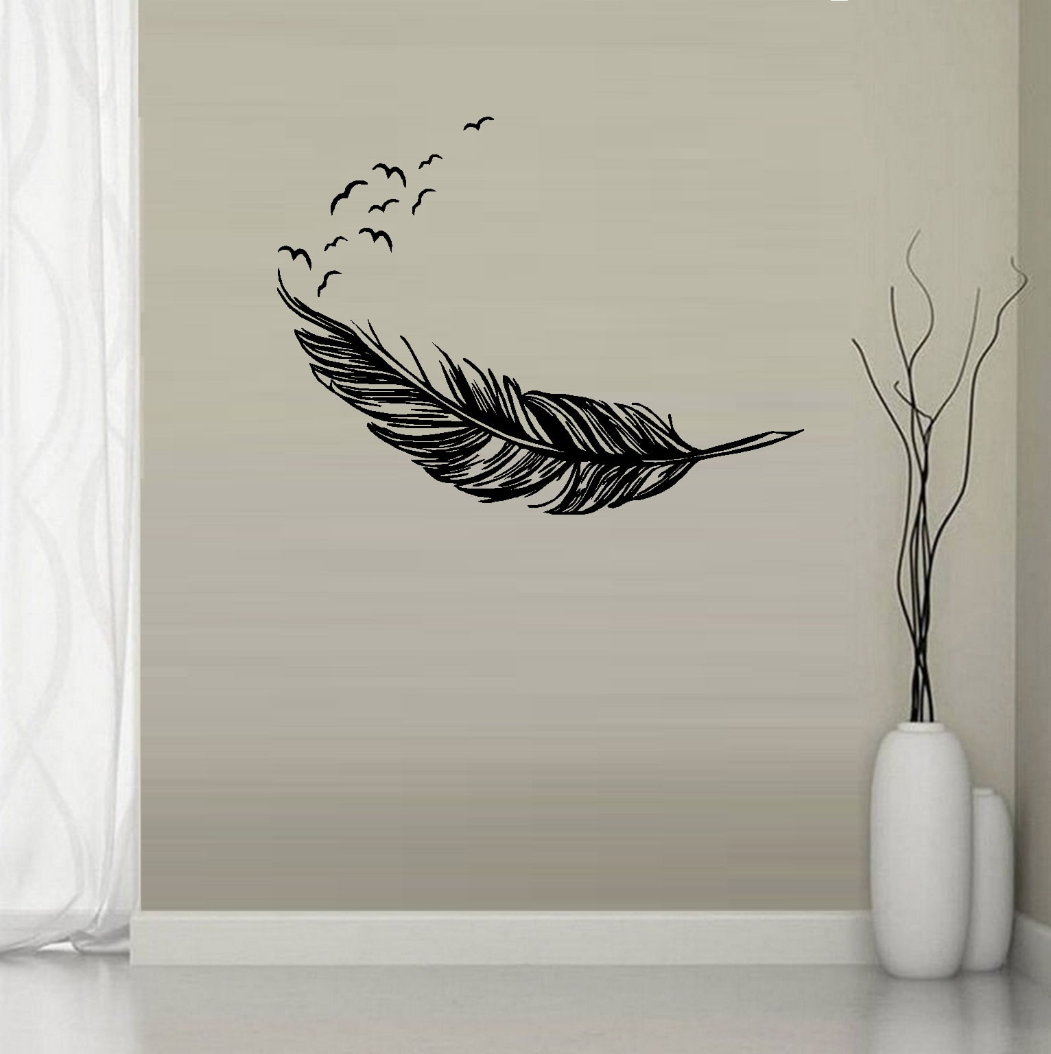 Decal ~ Feather with Birds: Wall Decal Blk 20" x 40" - Walmart.com