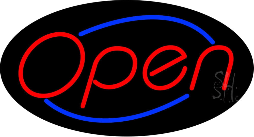 Flashing Sign - Red Open With Blue Border Oval Animated LED Neon Sign ...