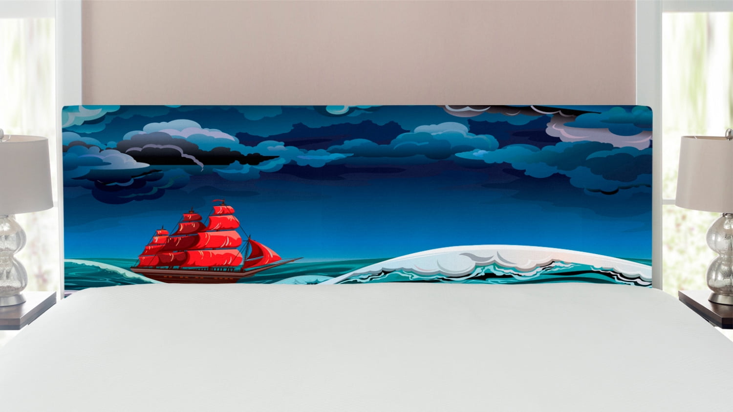 Nautical Headboard, Vintage Vessel Sailing in Stormy Weather at Dark ...