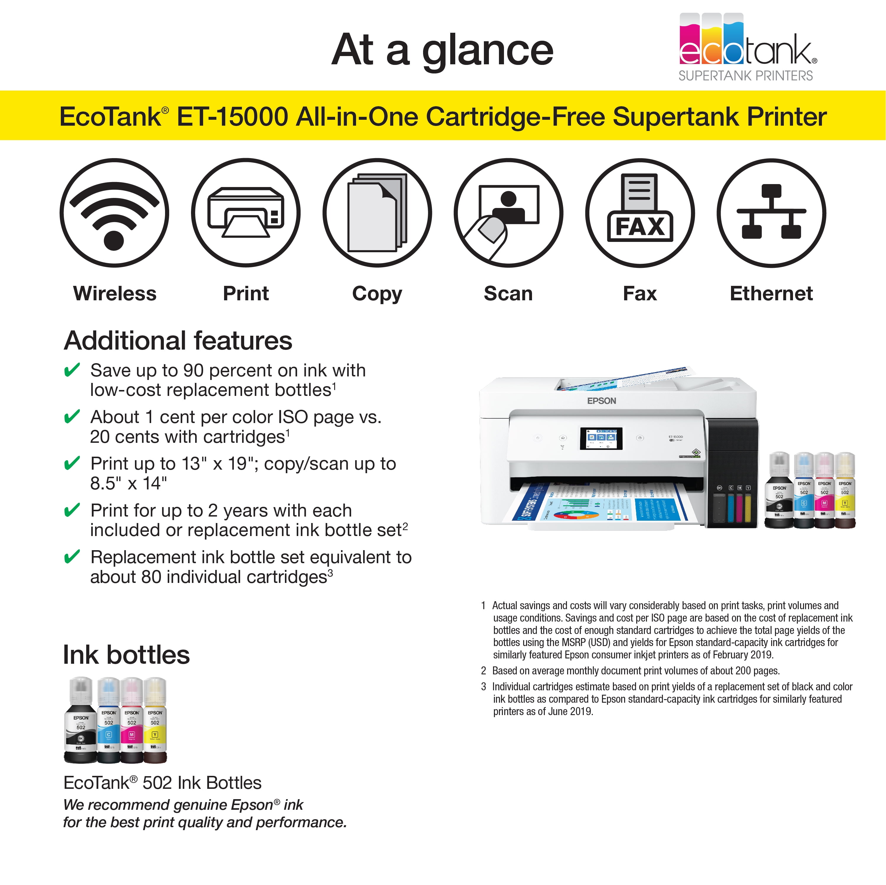 Epson EcoTank ET 15000 Wireless All in One Printer with Scanner Copier Fax Ethernet Walmart