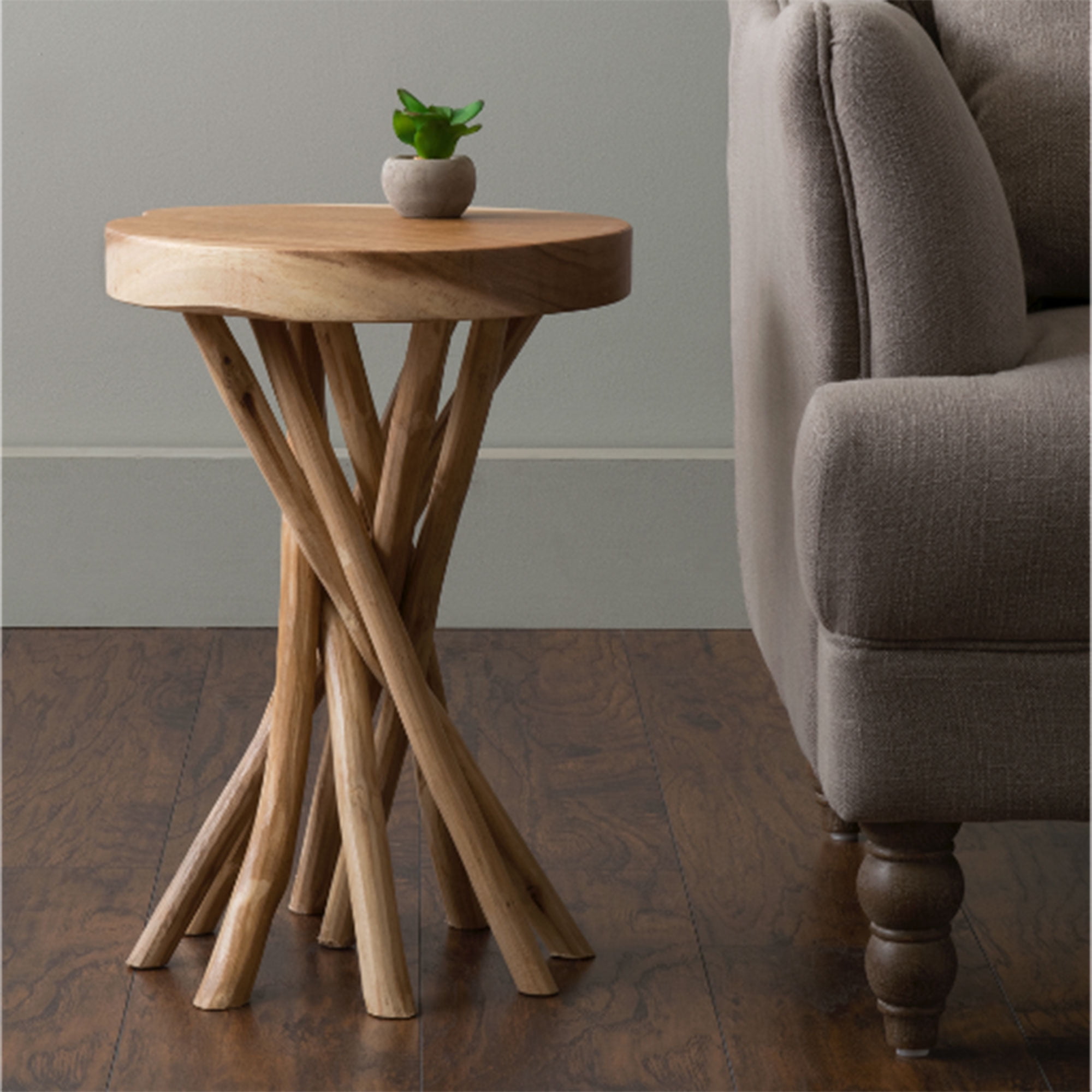 Merrill Round Natural Brown Solid Teak Wood Stick Base Accent Table 14 ...