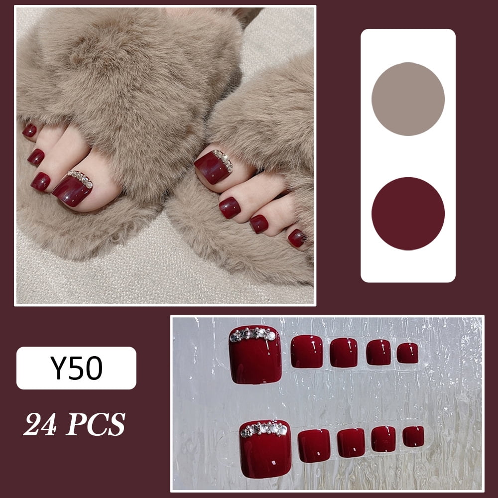 24Pcs Glossy Red False Toenails Glitter Diamond Fake Nails For Women ...