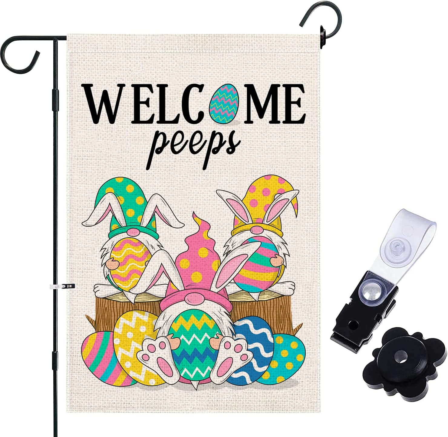Easter Garden Flag 12x18 Double Sided, Welcome Peeps Bunny Eggs Gnomes ...