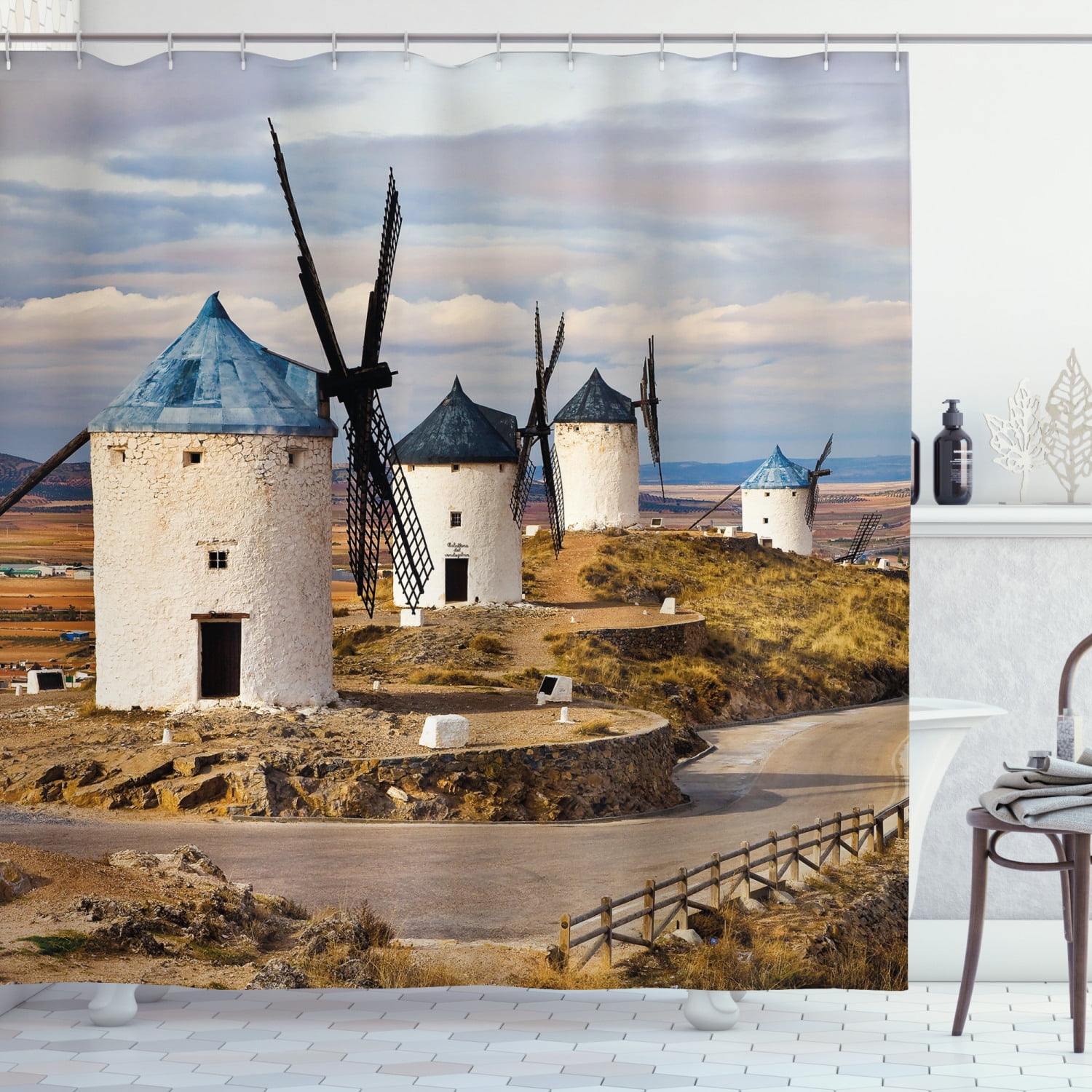 Windmill Shower Curtain, Medieval Spain Windmills in Consuegra Old ...