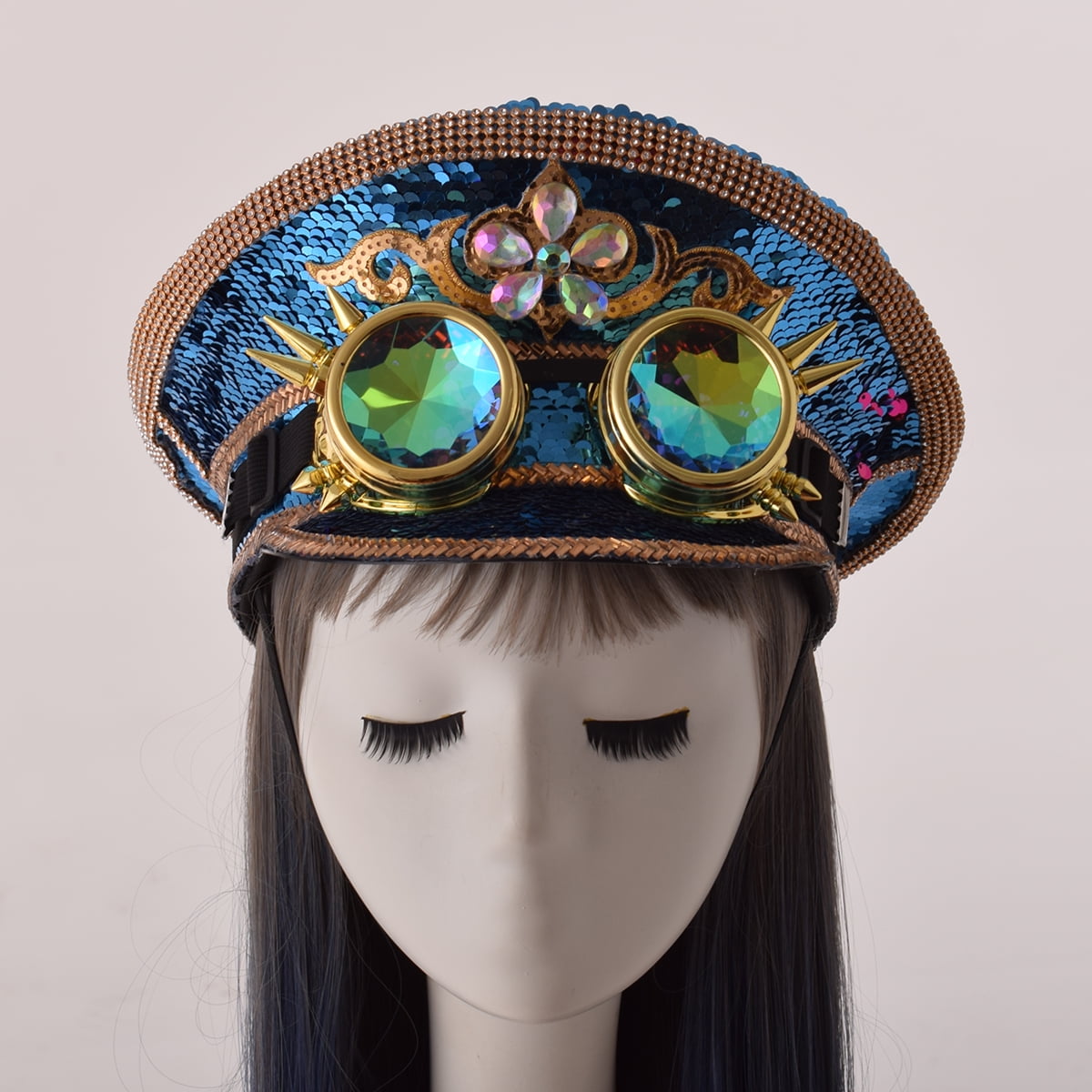 GRACEART Women Steampunk Sequins Hat with Goggles Military Hat Officer ...
