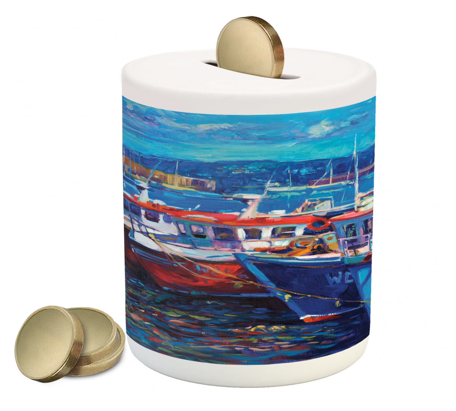 Country Piggy Bank, Sail Boats Ships on the Shore Harbor by the Sea ...