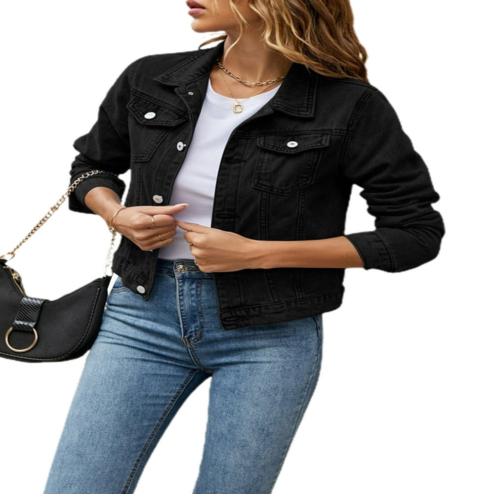 Women‘s Solid Color Denim Jacket Casual Long Sleeve Button Down Jean ...