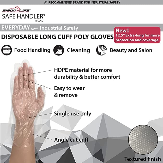 Safe Handler Disposable Long Cuff Food Handling Poly Gloves, OSFM, 11.5 ...