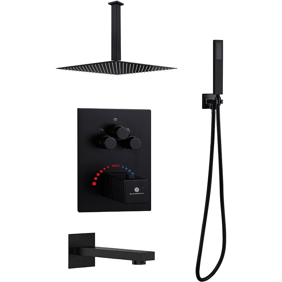 Grolta Matte Black Ceiling Mount 12 inch Rainfall Shower Head 3 Way ...