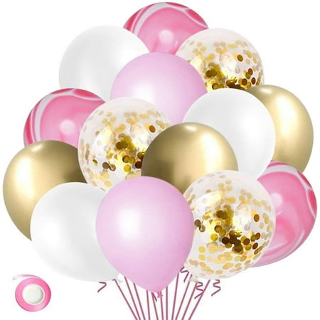 Pink Marble Gold Confetti Balloons, 60pcs 12 inch White and Pink Marble ...