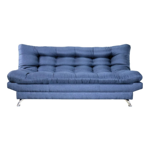Sofá Cama Azul Moderno 3 Posiciones NORVAL tela de lino estructura de madera pata metálica ...