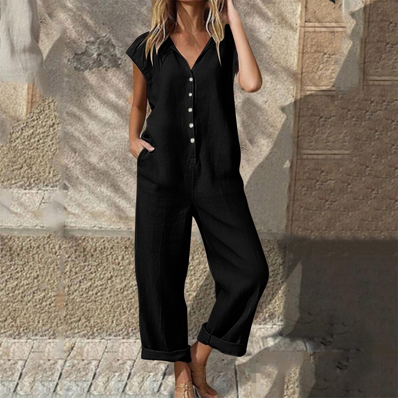 Tataai Solid Color Cotton Linen Women Button Overalls Adjustable Straps Machine Washable No Fading Loose Fit Casual Daily Wear Full Length Jumpsuit Gi