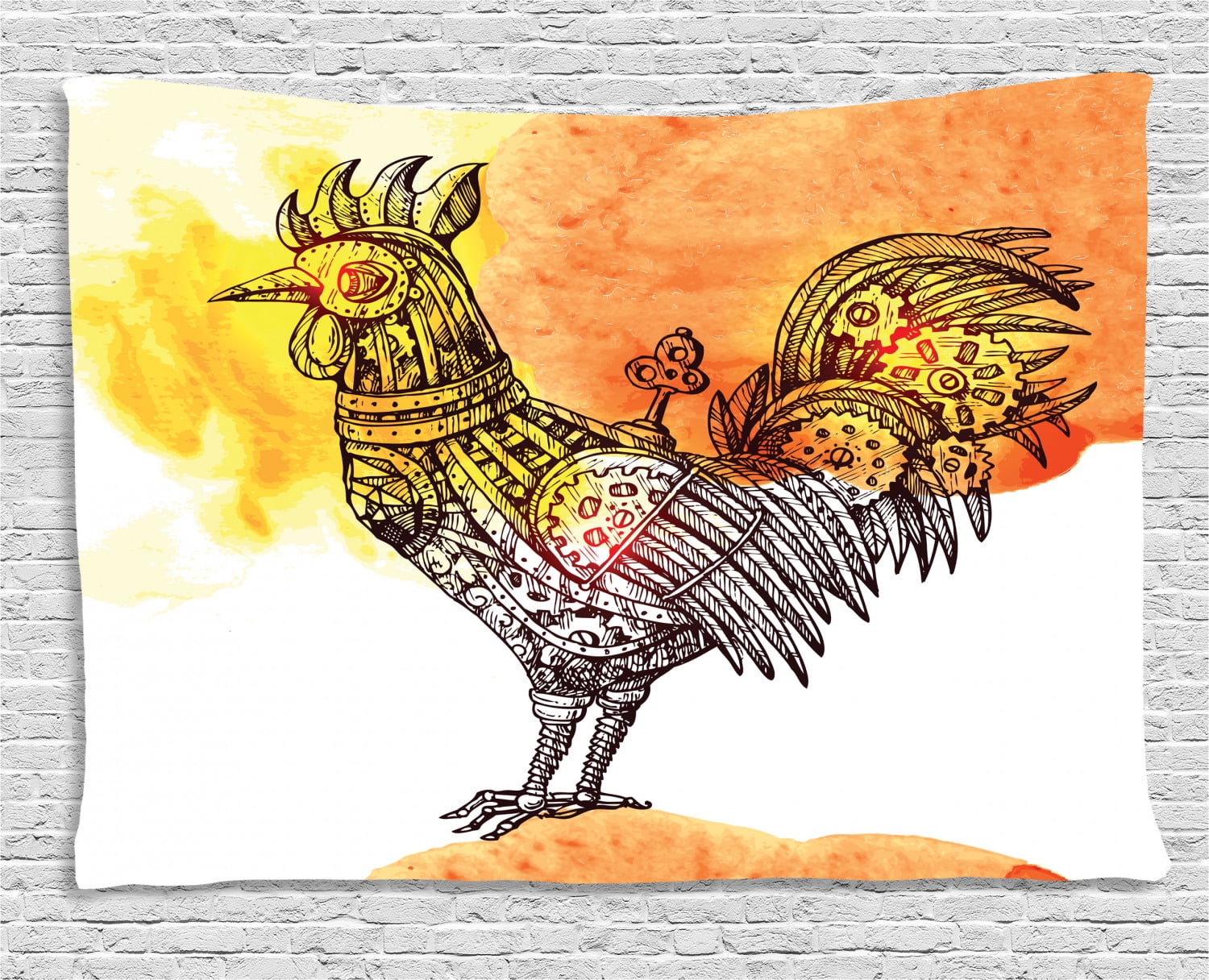 Steampunk Tapestry, Retro Illustration of Mechanical Rooster in Sketch ...
