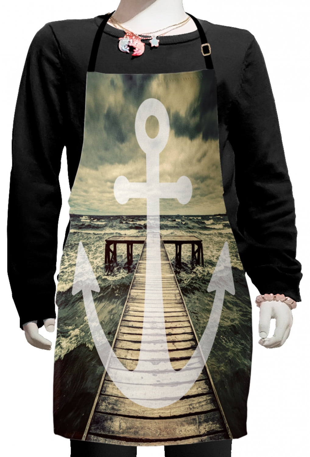 Nautical Kids Apron, Anchor Print in Ocean Waves with Long Wooden Pier ...