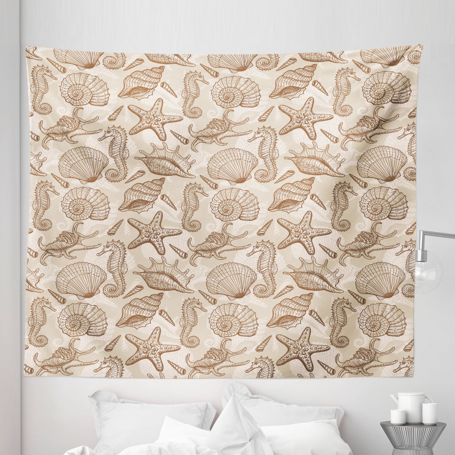 Sea Shells Tapestry, Vintage Inspired Monochrome Seashell Pattern Ocean ...