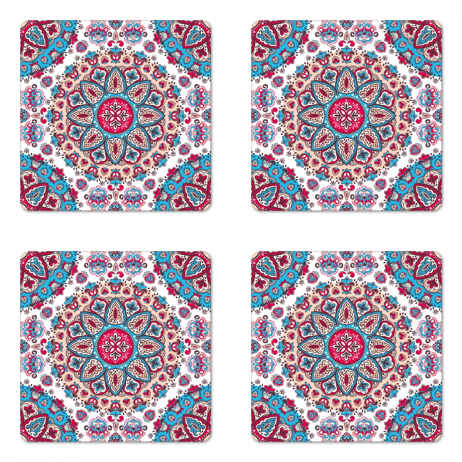 Ethnic Coaster Set of 4, Oriental Style Floral Circles Paisley Retro ...
