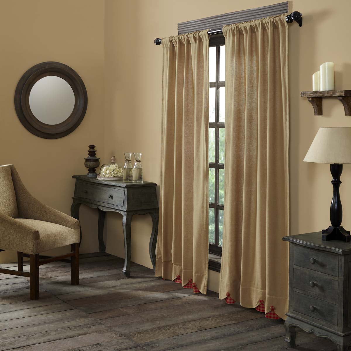 Natural Red Tan Farmhouse Curtains Veranda Burlap Tan Check Rod Pocket ...