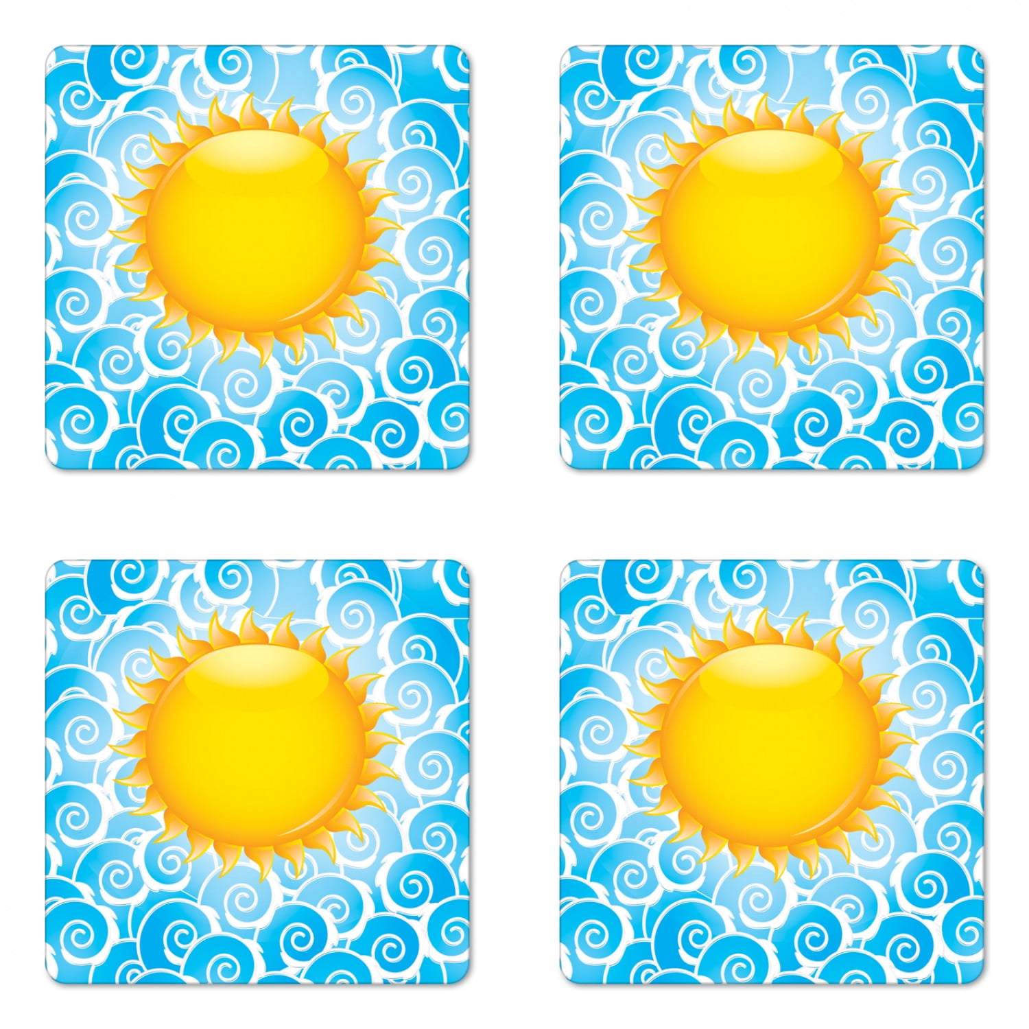 Summer Coaster Set of 4, Vivid Sun Pattern over Blue Waves Vacation ...