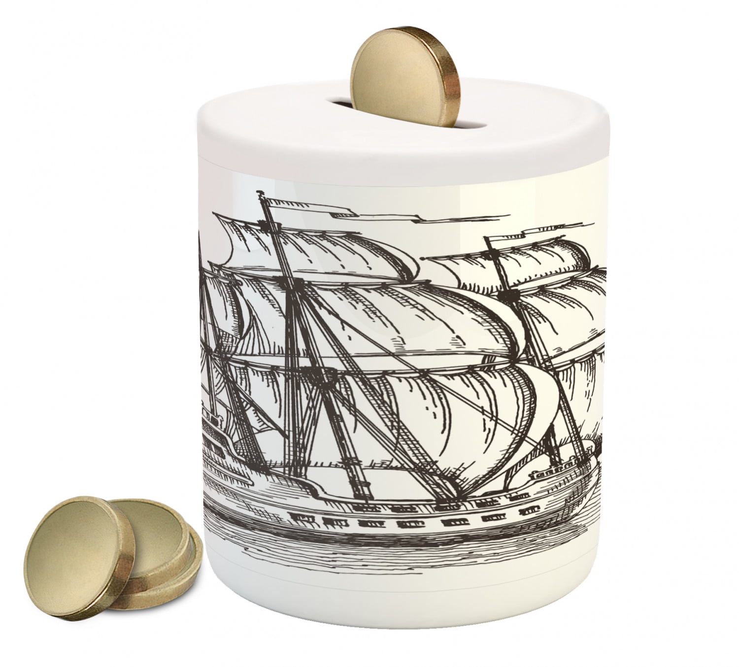 Pirate Ship Piggy Bank, Old Retro Style Ship Floating on Water Antique ...